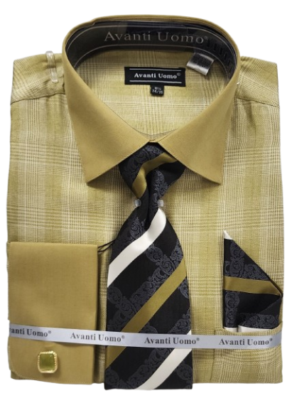 Avanti Uomo Men's French Cuff Shirt Set - Glen Check with Solid Collar