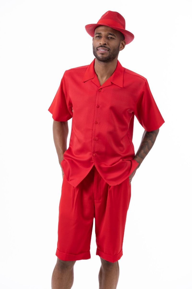 Montique Men's 2 Piece Short Set Walking Suit - Horizontal Texture Stripes