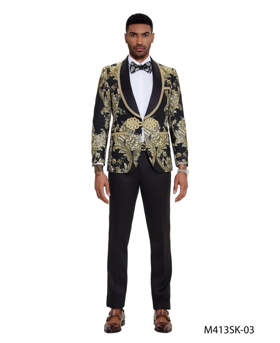 Tazio Men's 2 Piece Skinny Fit Suit - Gold Paisley