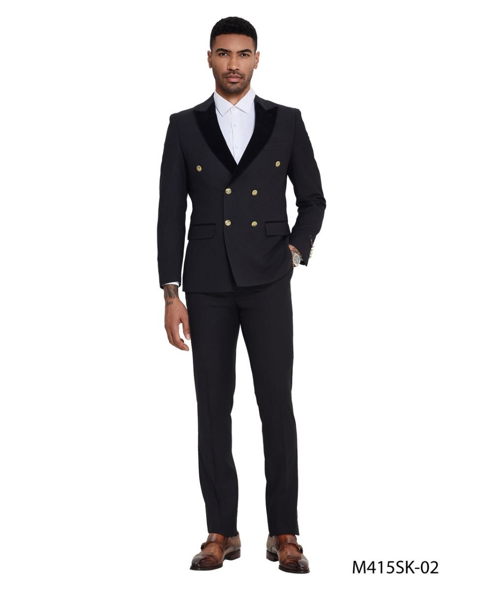 Tazio Men's 2 Piece Skinny Fit Suit - Black Peak Lapel
