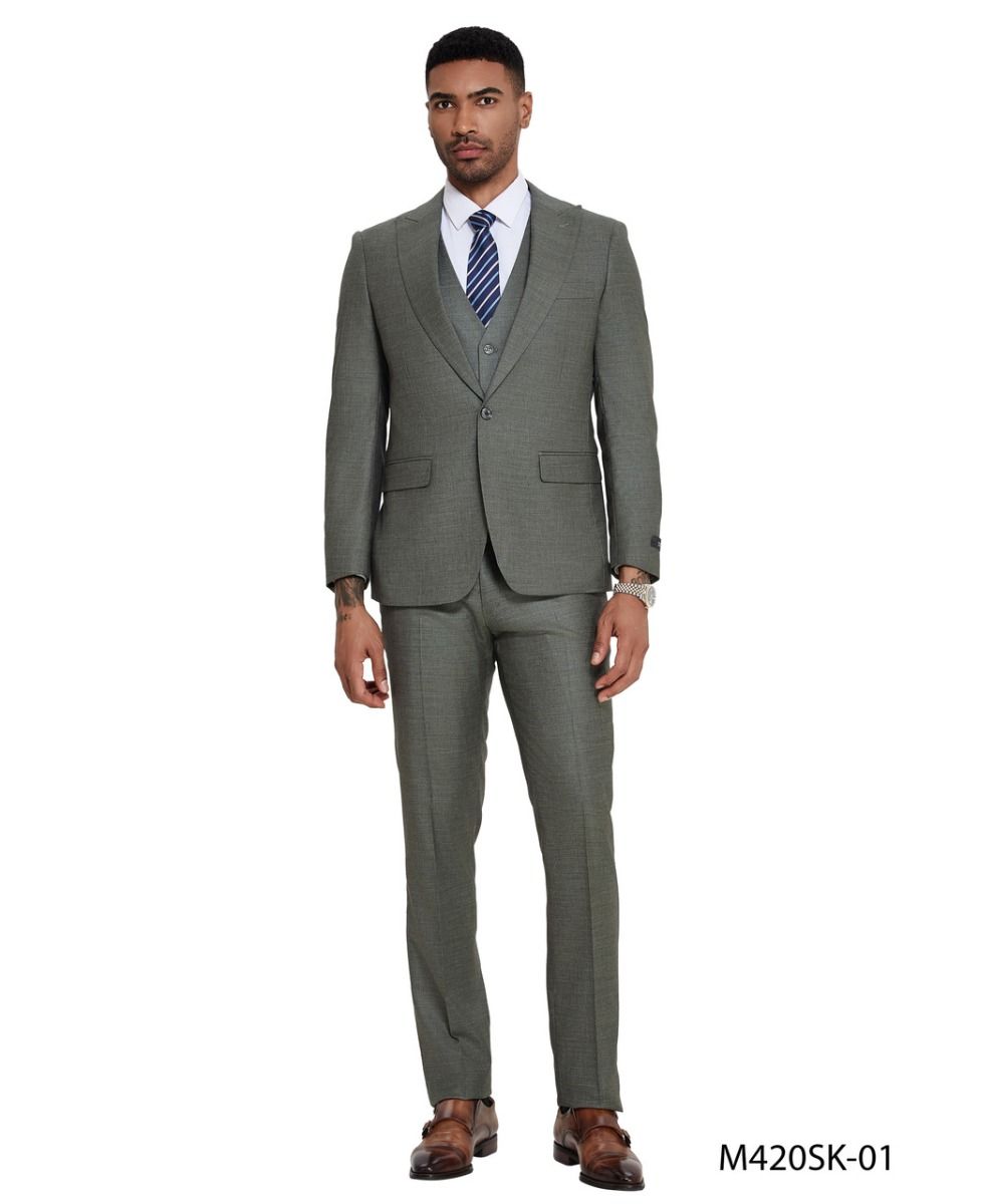 Tazio Men's 3 Piece Skinny Fit Suit - Lightly Textured Solid