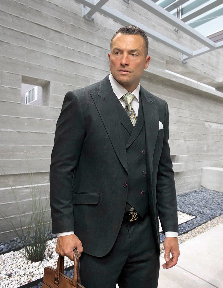 Statement Men's 3 Piece 100% Wool Tweed Fashion Suit - Plaid Pattern