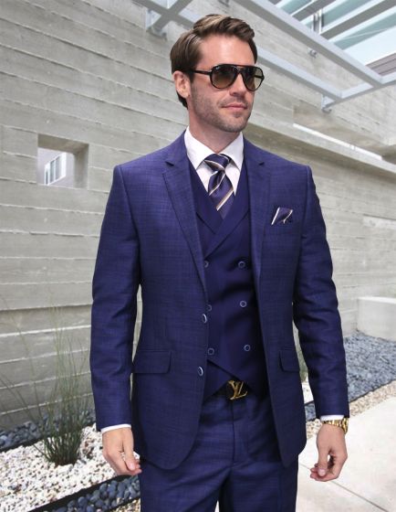 Statement Men's 3 Piece 100% Wool Fashion Suit - Contrast Colors