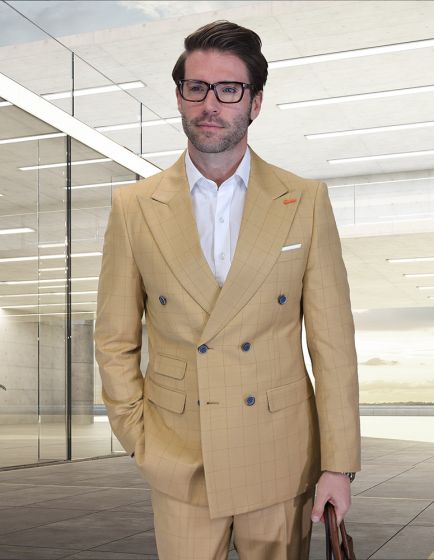 Statement Men's 100% Wool 2 Piece Double Breasted Suit - Subtle Windowpane