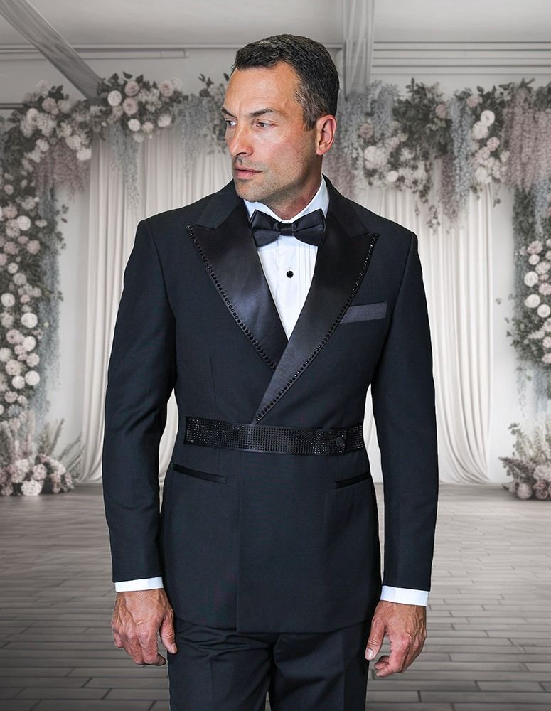 Statement Men's 2 Piece Modern Fit Double Breasted Tuxedo - Rhinestone Belt